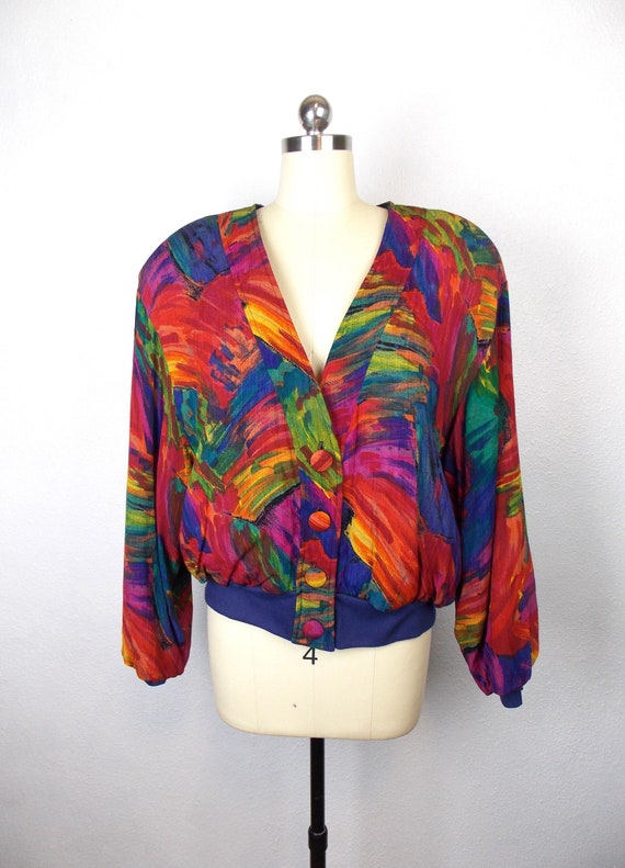 1990's Quilted Jacket Abstract Multi Color Print Size… - Gem