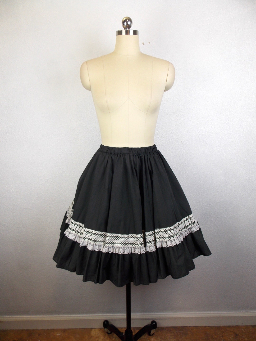 Vintage Square Dance Skirt in Black With White Lace Trim - Etsy