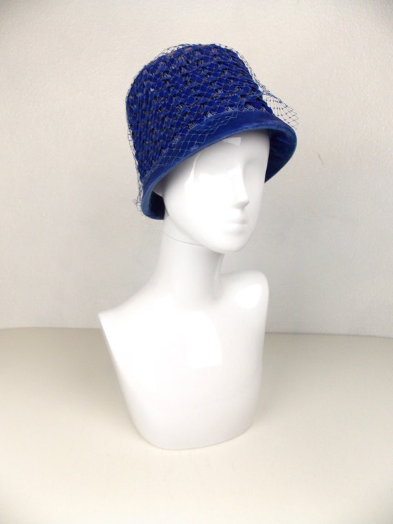 1960's Bright Blue Velvet Cloche Hat with Netting - Gem