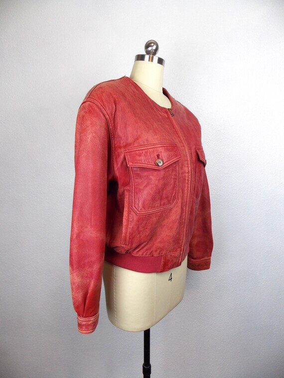 Red Distressed Leather Bomber Jacket Sport Mobility S… - Gem