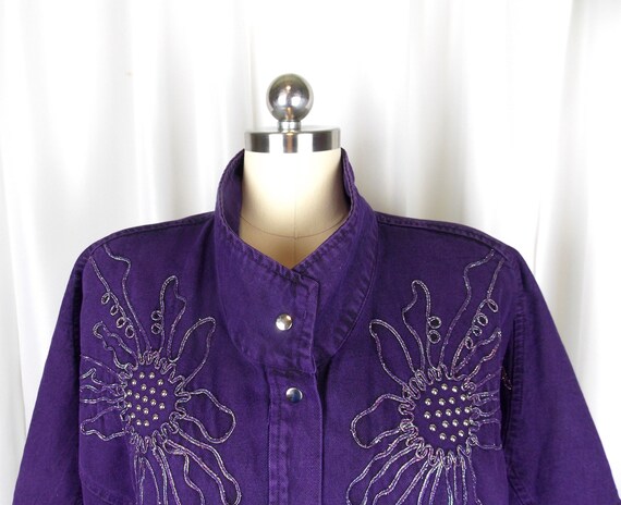 Purple Denim Jacket Coat Duster 1990's Size Small PAD… - Gem