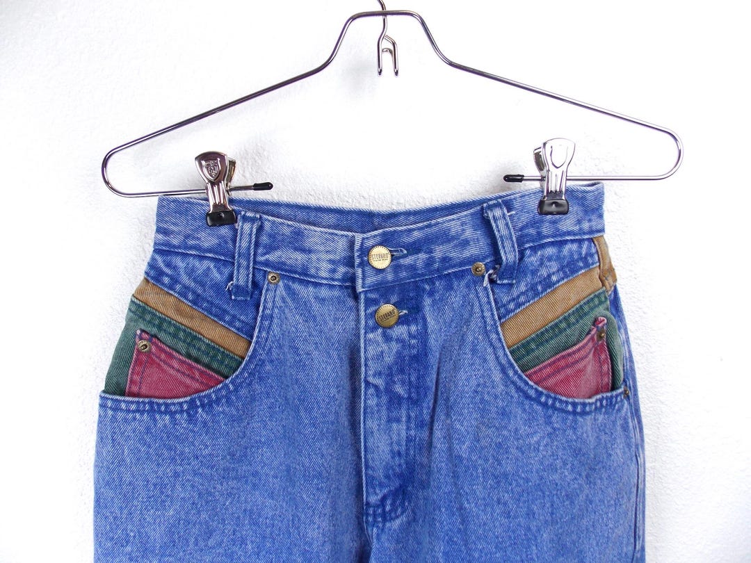 1980's STEFFANO Color Block Med Wash Denim Jeans 24 Waist - Etsy