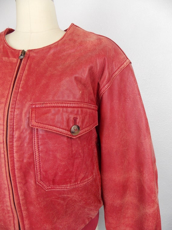 Red Distressed Leather Bomber Jacket Sport Mobility S… - Gem