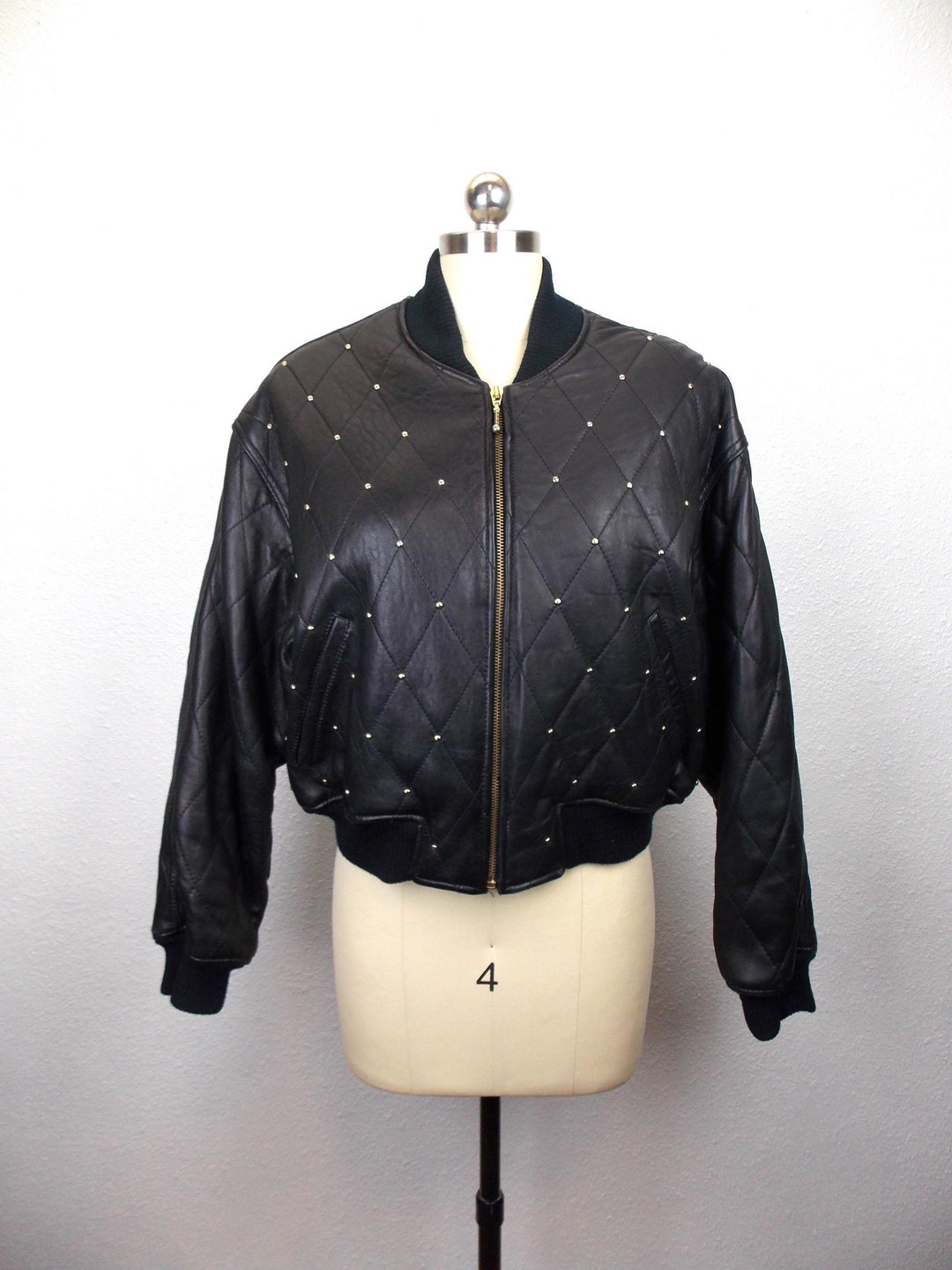 1990's Black Quilted Leather Jacket With Gold Tone Studs Woman's Size M ...