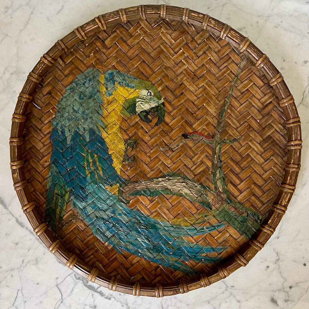 Antique Hand Painted Rattan Parrot Tray - Etsy