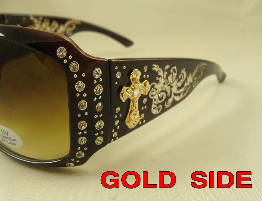Rhinestone Cross Sunglasses Gold or Silver Crosses Brown or - Etsy