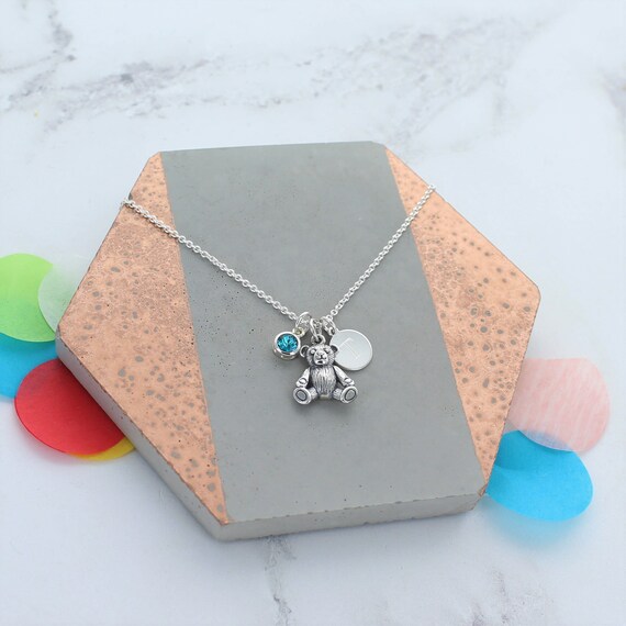 Teddy Bear Personalised Birthstone Necklace Etsy