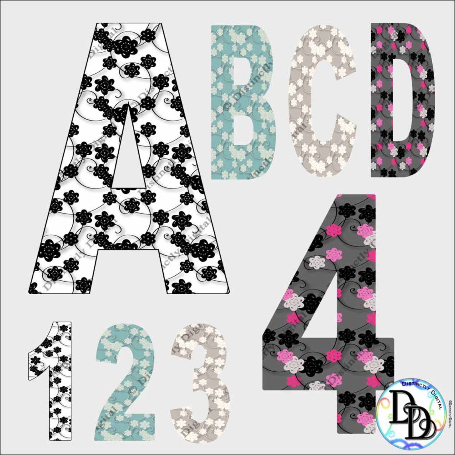 Floral Alphabet Clipart Printable Digital Flower Numbers Letters ...