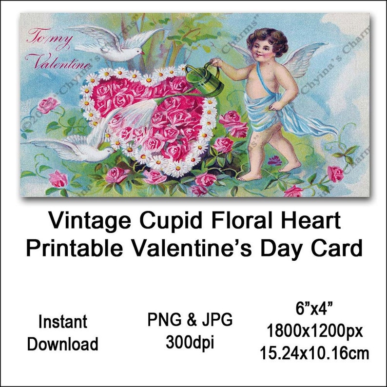 Vintage Cupid Valentines Card Victorian Printable Cupid Floral Flower ...
