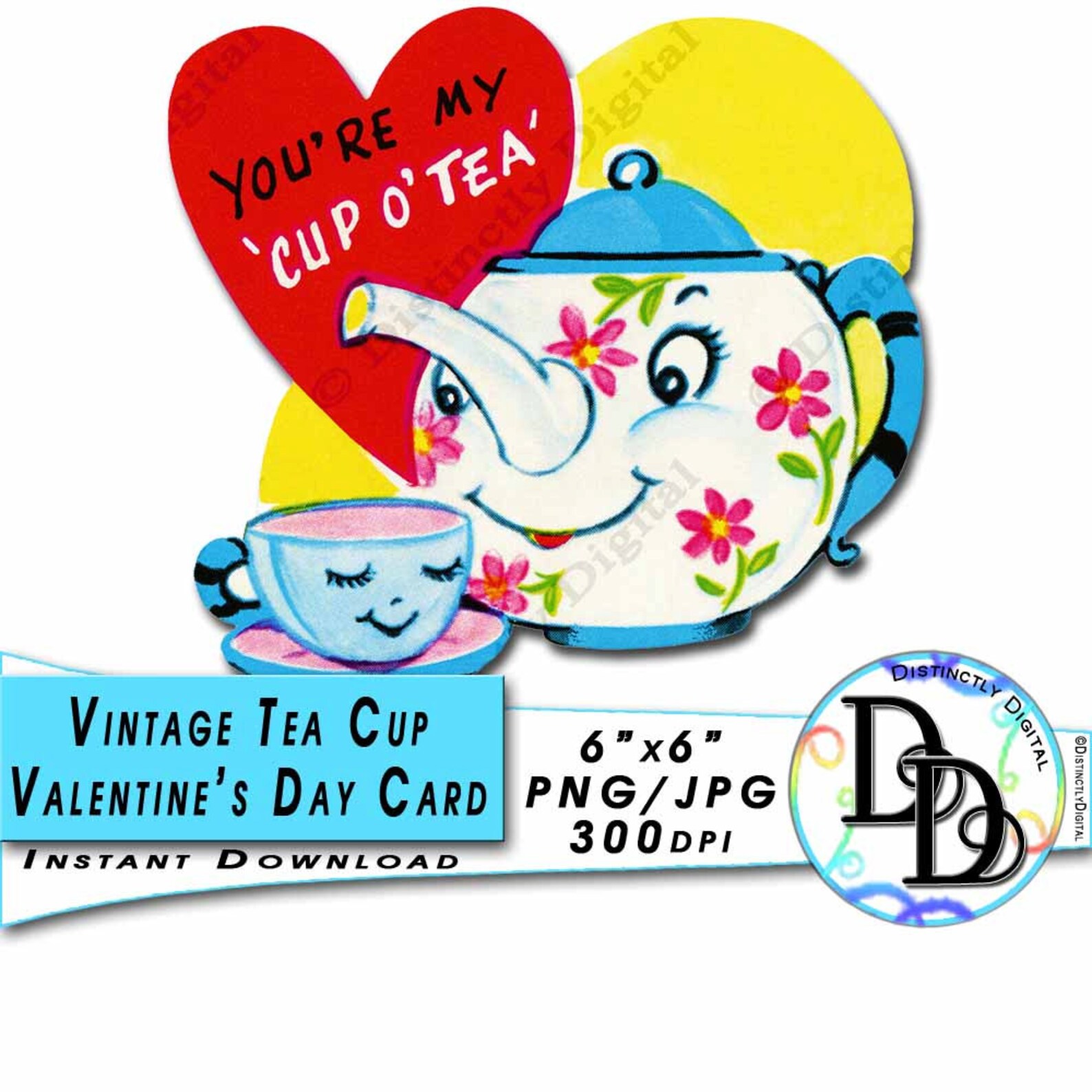 Vintage Tea Cup Valentine Printable Card Antique Tea Kettle - Etsy