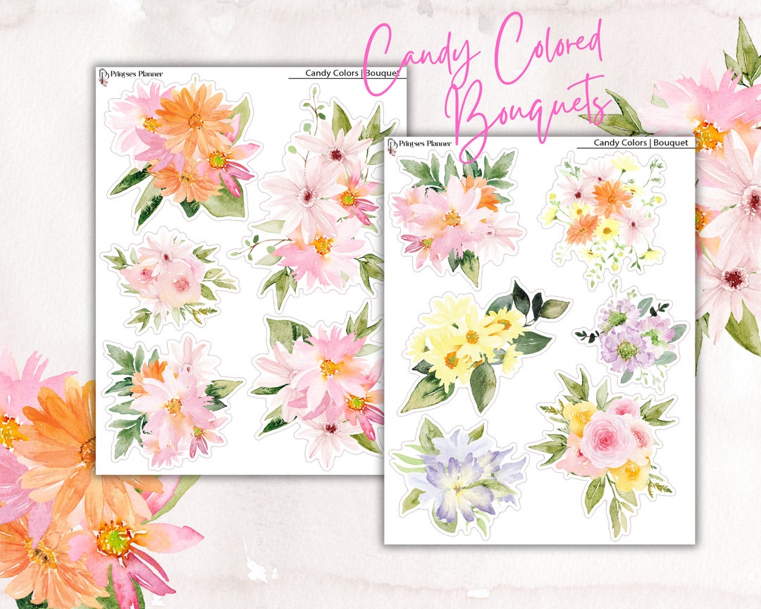 Flower Bouquets Journaling Sticker Kit, Candy Colored Watercolor ...
