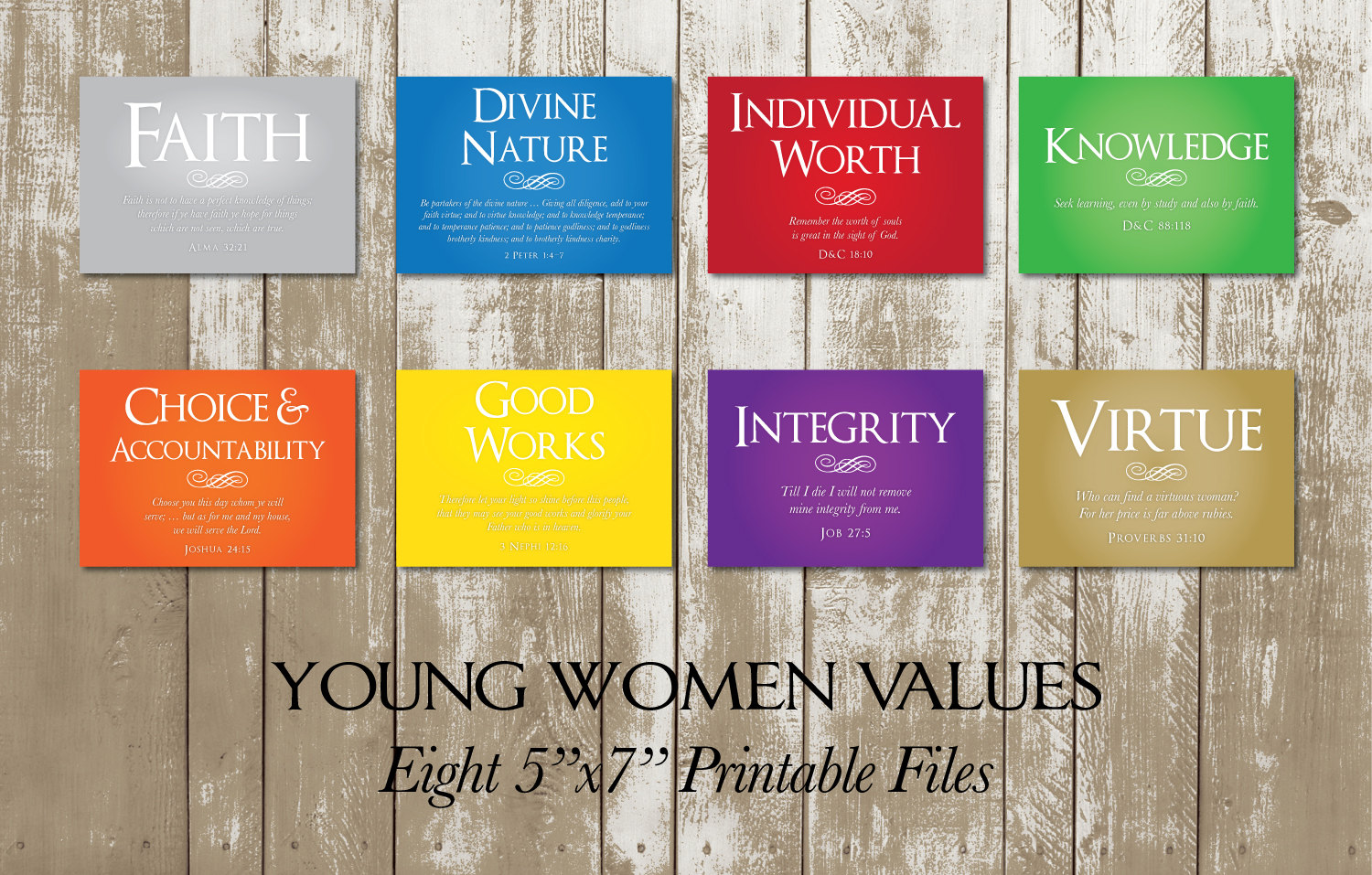 Young Women Values With Scriptures, YW Values, Eight (8) Printable 5"x7 ...