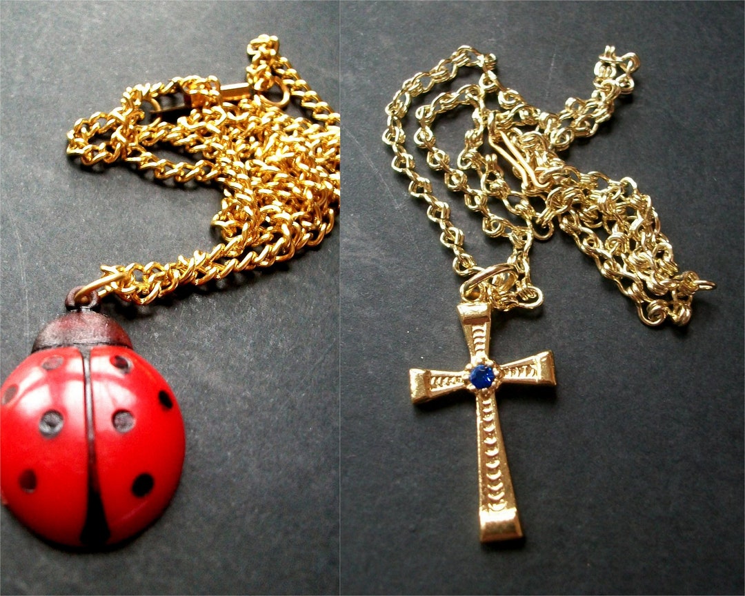 2 Chains for Children a Large Ladybug and a Gold Cross With Blue Stone ...