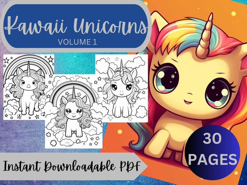Cute Kawaii Unicorn Coloring Pages X30 for Kids PDF File - Etsy UK
