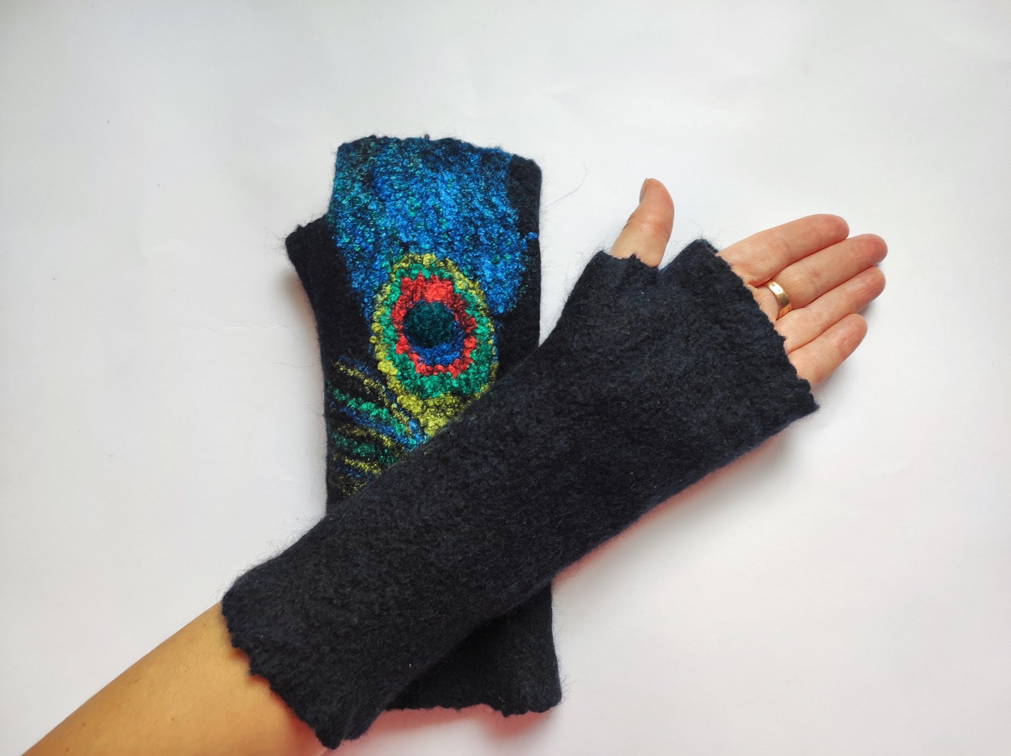 Black Mittens With Peacock Feather. Cozy and Warm Handmade Merino Wool ...