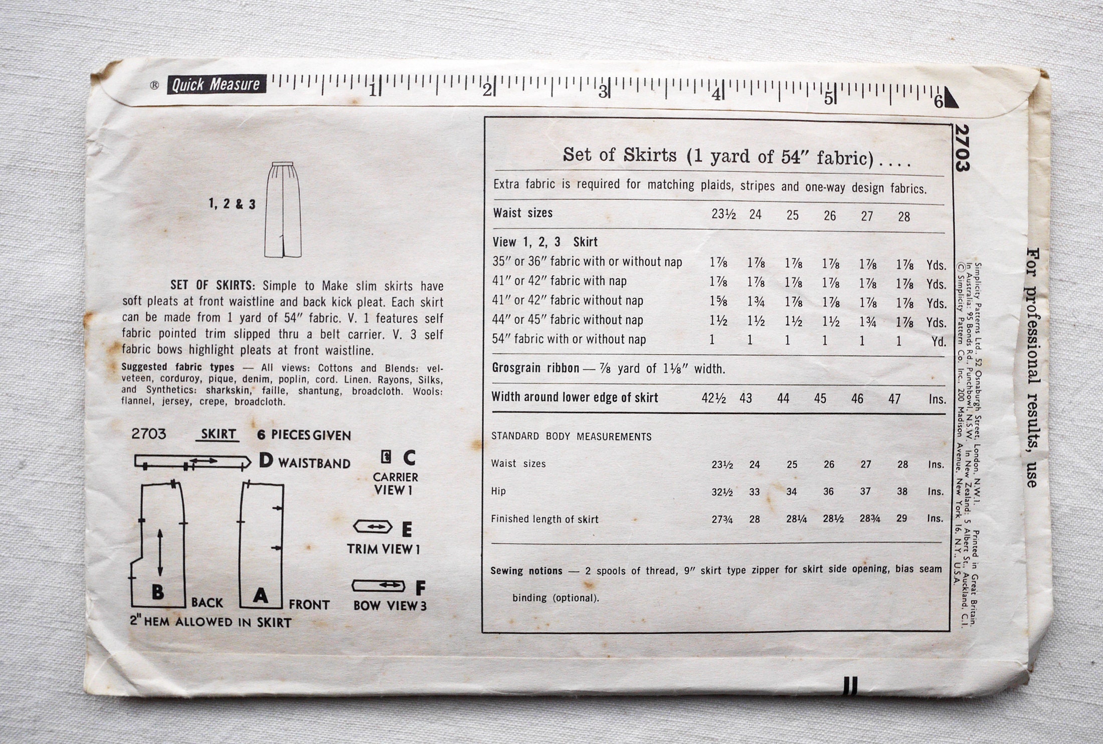 1950s Slim Pencil Skirt Sewing Pattern, Simplicity 2703, Waist 26 ...