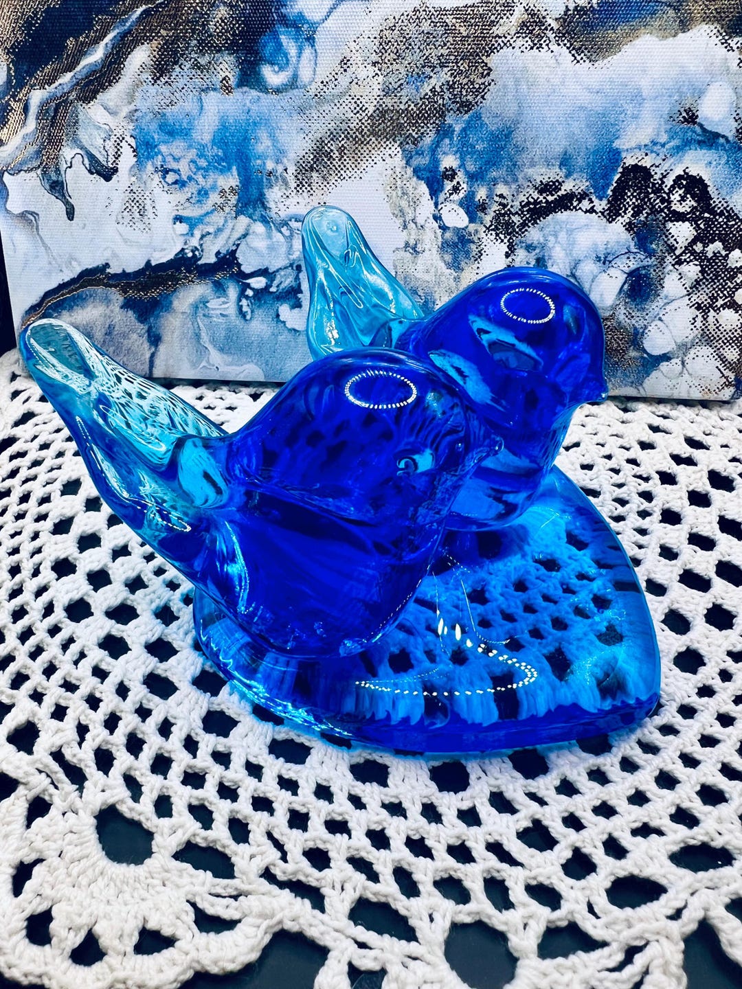 Bluebirds of Happiness Duo on Heart Shaped Base Signed by Artist Terra ...