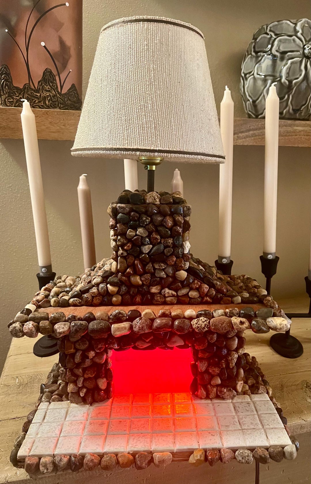 Vintage Folk Art Stone Fireplace Lamp Handmade Cabin Lakehouse Rustic ...