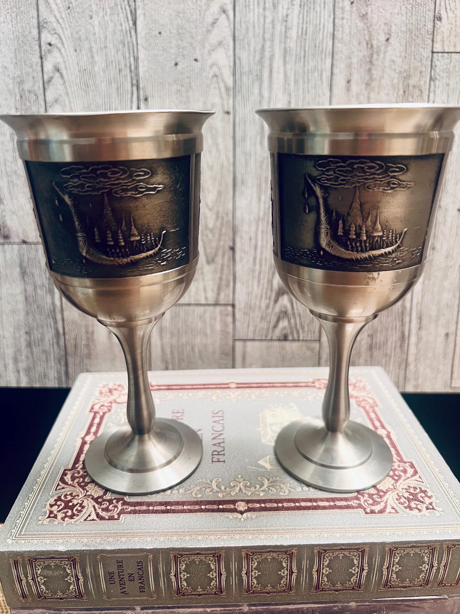 Vintage Kings Pewter Goblets Set of Thailand Tin Chalices Wine Liquor ...