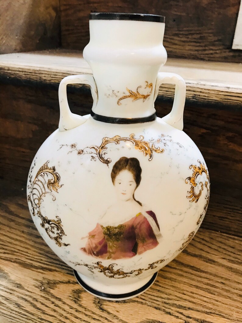 Victorian Portrait Vase Milk Glass Hand Painted | Etsy