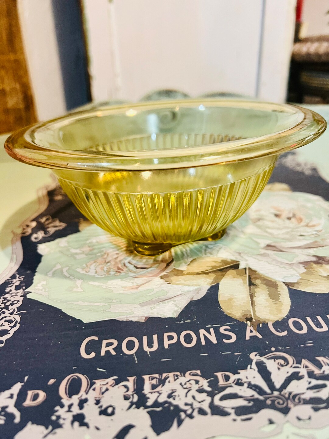 Yellow Depression Glass Bowl Rolled Rim Ribbed Small Mixing 7 Inch ...