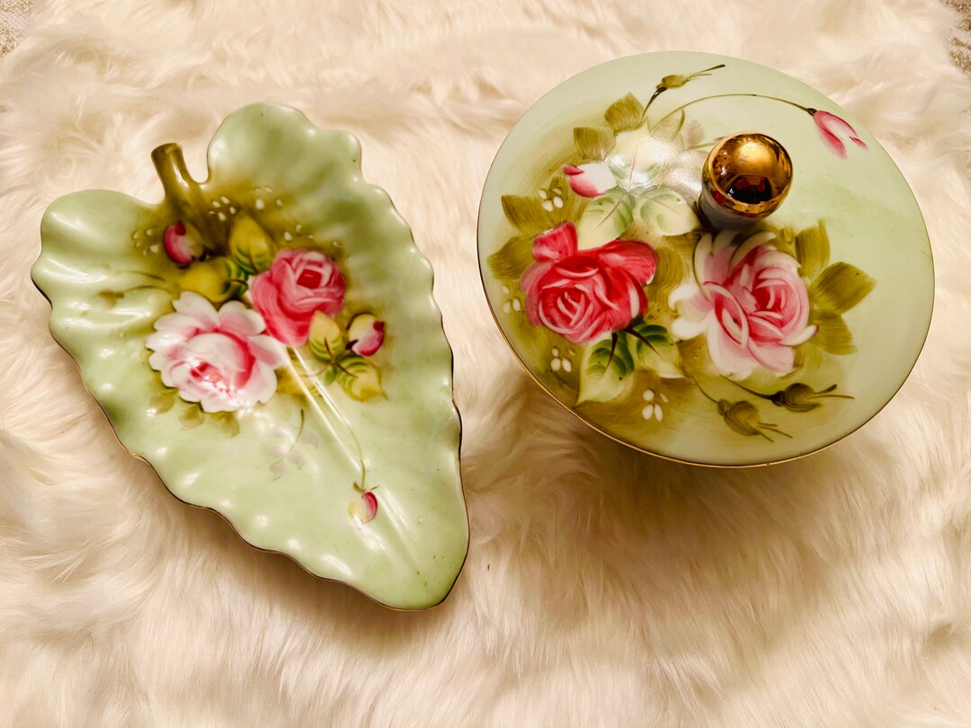 Vintage Lefton Leaf & Covered Dish Set English Garden Light Green Hand ...