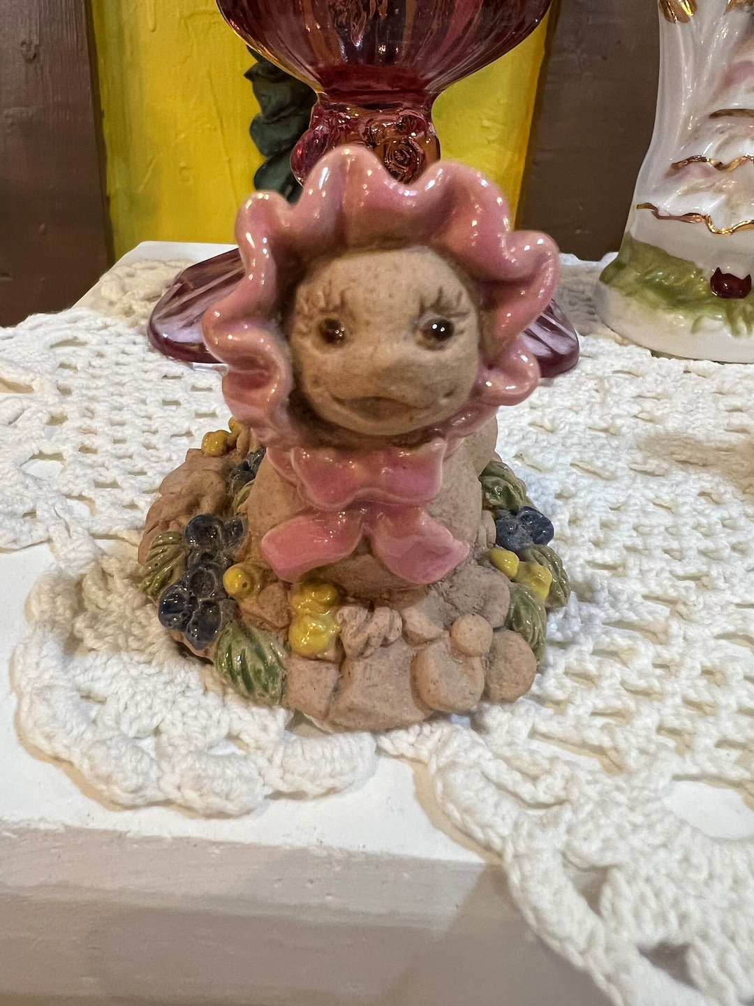 Vintage Snail Pottery June Sears Mollusk Slug Smiley Face Pink Ruffled ...