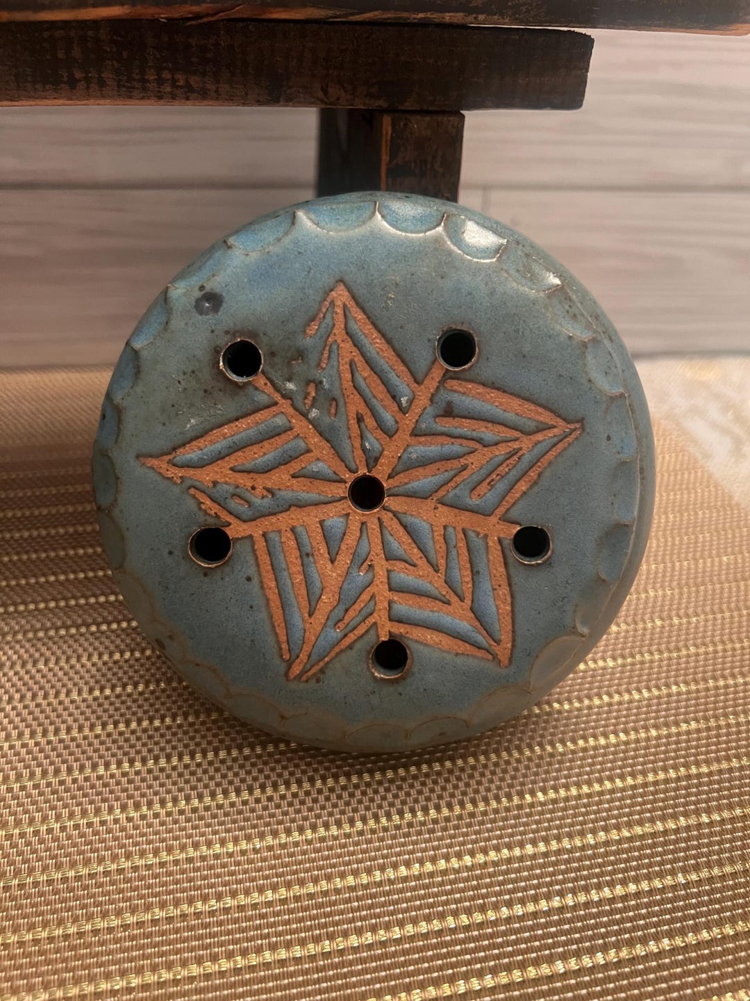 Pottery Flower Frog With Star Design Blue Speckled Glaze Hand Thrown ...