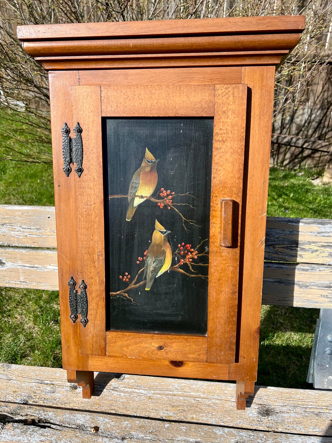 Vintage Wall Cupboard With Hand Painted Birds Cardinals Spice Cabinet ...