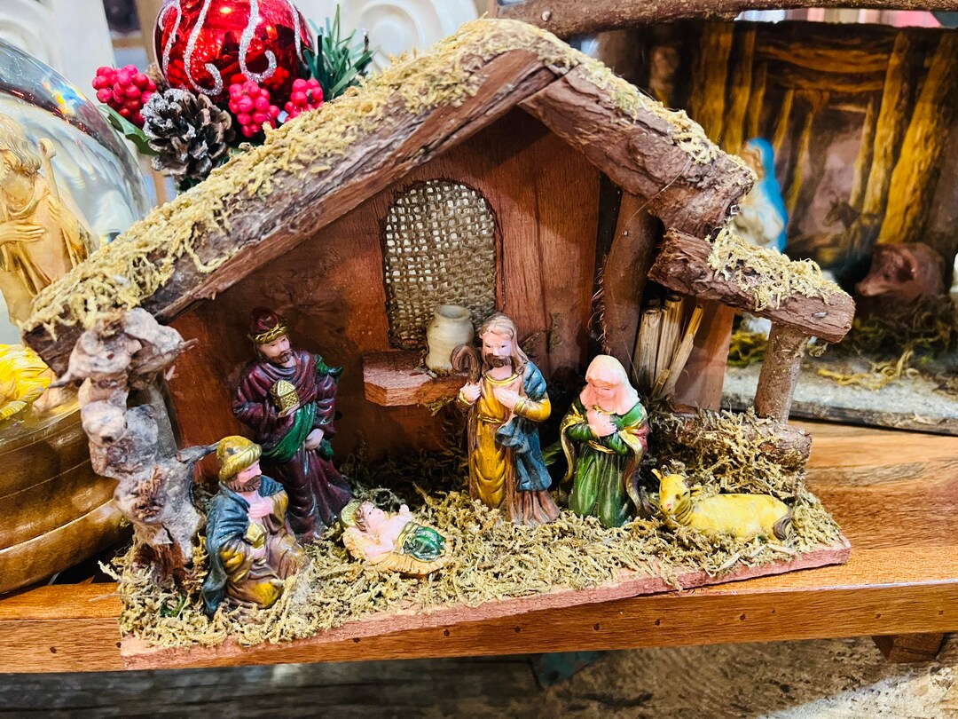 Vintage Nativity Scene Rustic Small Tabletop Christmas Decor Baby Jesus ...