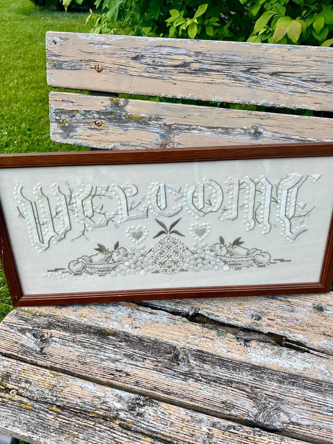 Vintage Embroidered Welcome Sign Home Decor Fruit Pineapple Pears ...