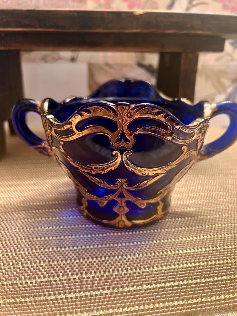 Antique Dugan Cobalt Blue and Gold Sugar Bowl Spooner With Handles ...