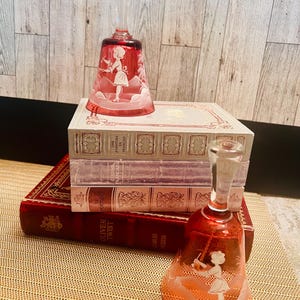 Mary Gregory Style Hand Painted Cranberry Glass Bells Pair Vintage Bell ...