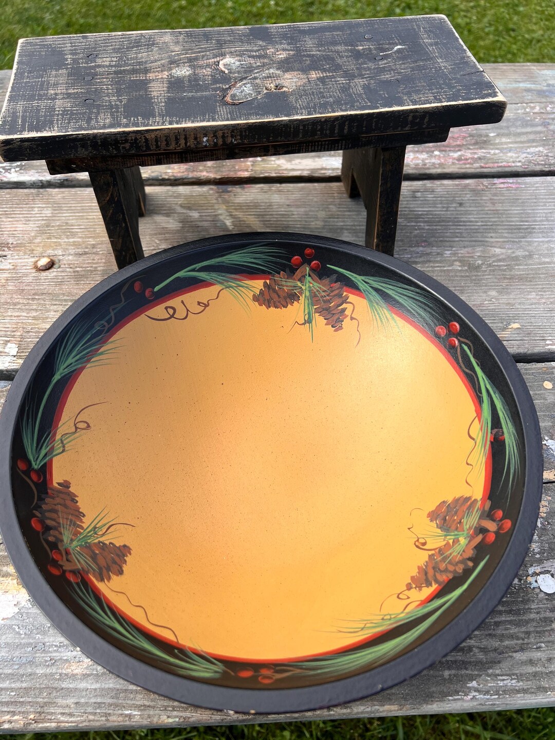 Folk Art Wooden Bowl Rustic Cabin Farmhouse Table Centerpiece Fruit ...