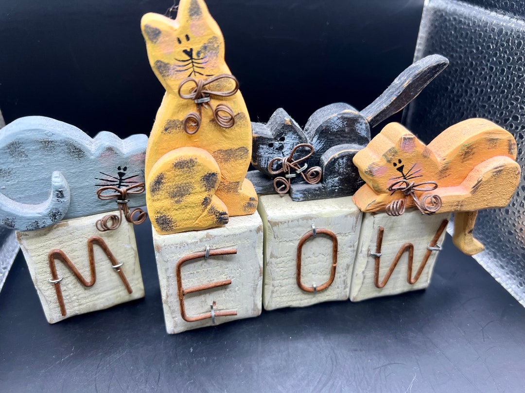 Vintage Cats on Wooden Blocks Meow Sign Block Letters Country Farmhouse ...