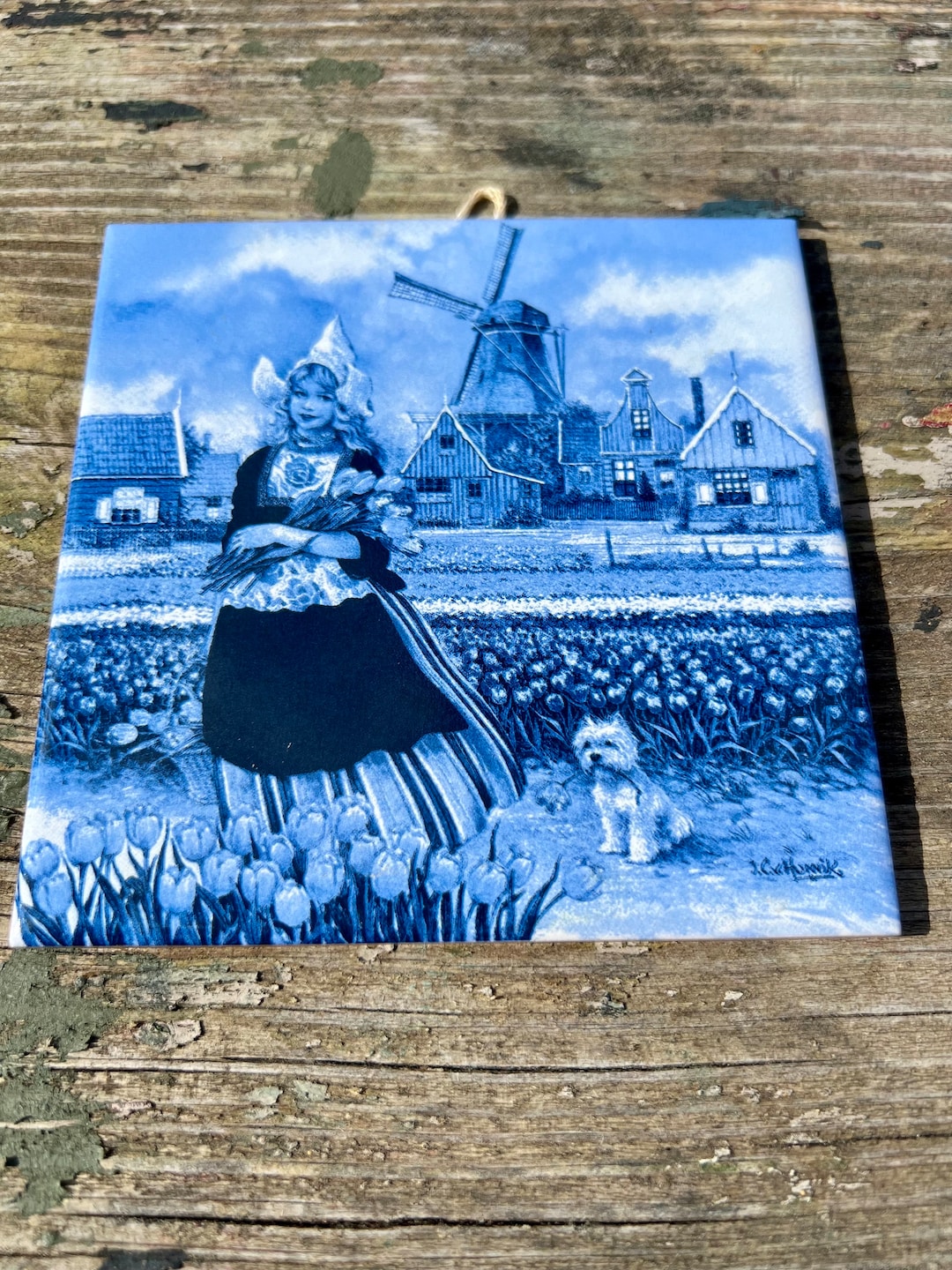 Vintage Delft Art Tiles Holland Wind Mills Dutch Girl With Dog Tulips ...
