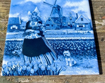 Vintage Delft Art Tiles Holland Woman Carrying Water With Cows Flowers ...