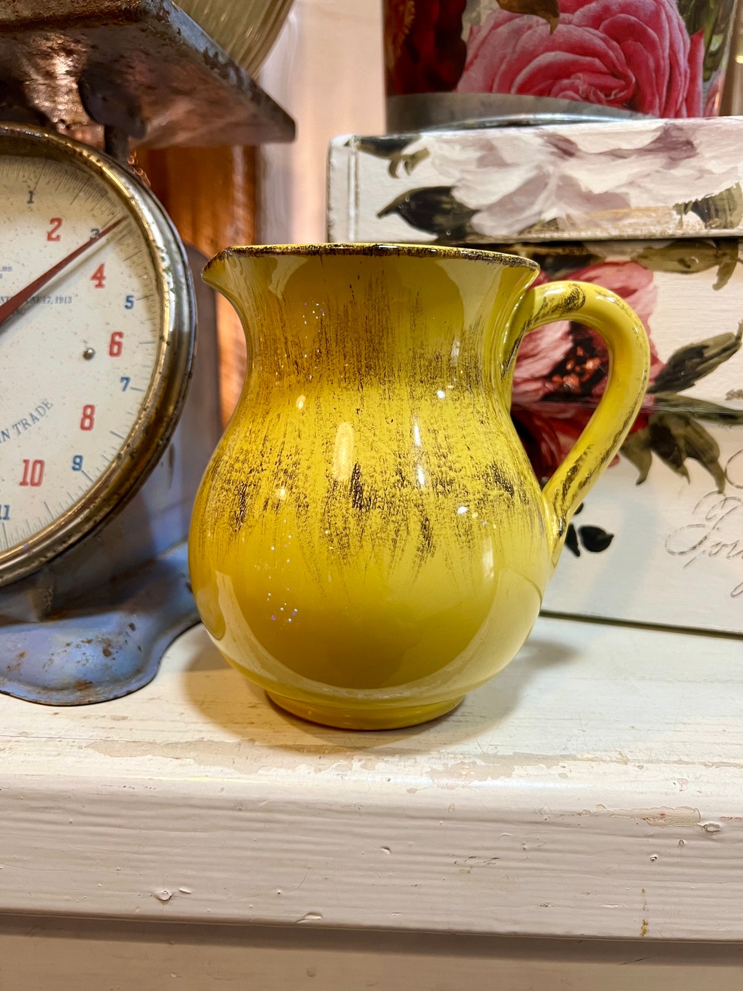 Vintage Yellow Pottery Pitcher With Handle Small Jug Red Clay Sunny ...