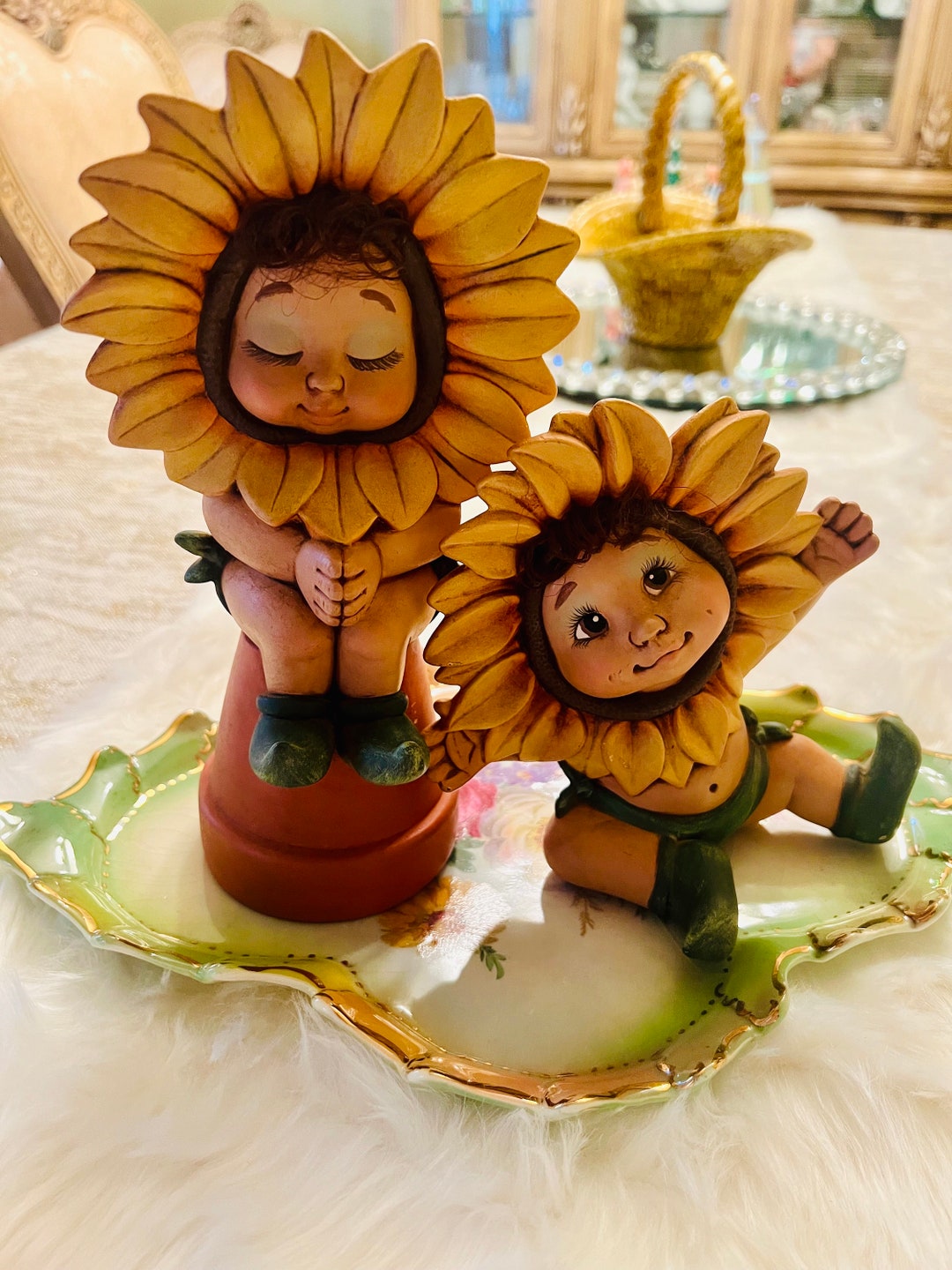Vintage Sunflower Kids Spring Decor Children Ceramic Figurines Handmade ...