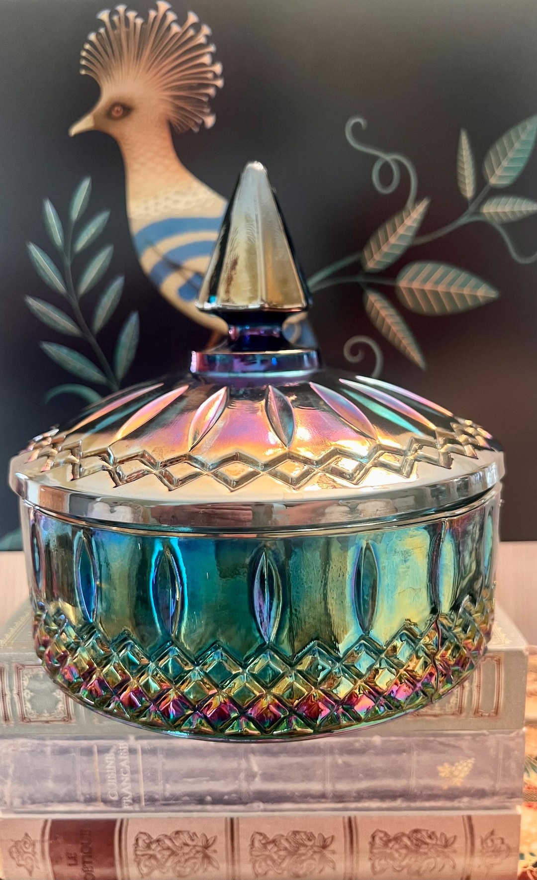 Indiana Carnival Glass Covered Candy Dish With Lid Princess Cut ...