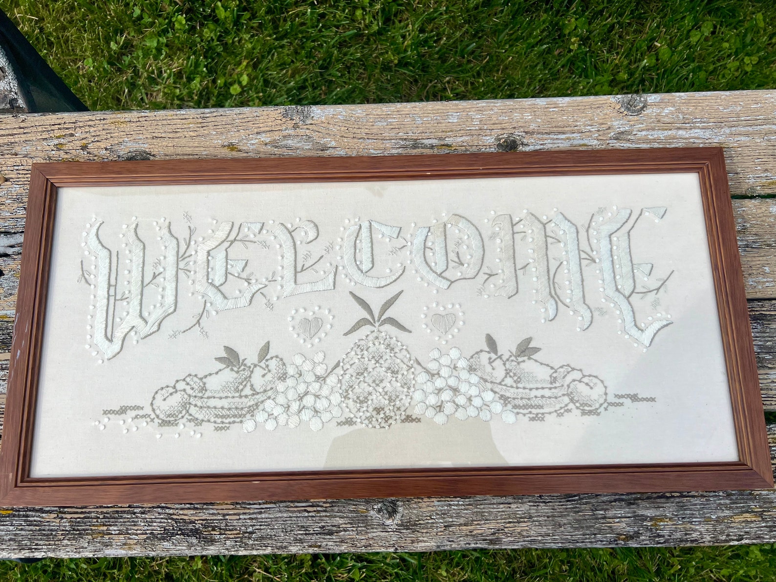 Vintage Embroidered Welcome Sign Home Decor Fruit Pineapple Pears ...
