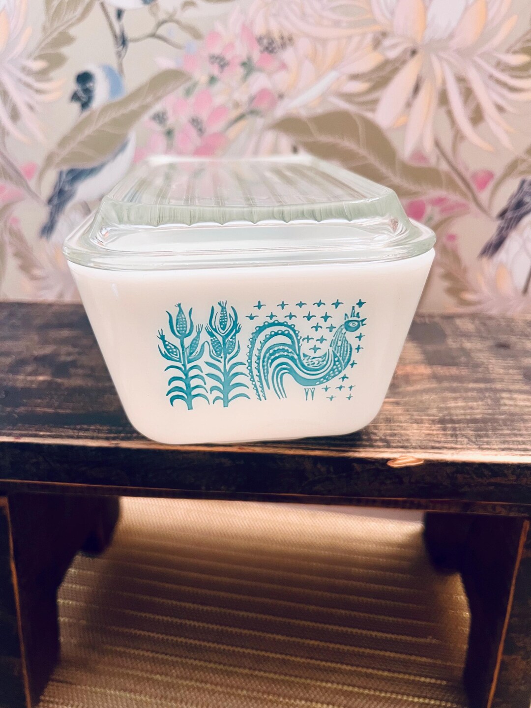 Vintage Pyrex Amish Butterprint Refrigerator Dish Turquoise Farm Scene ...