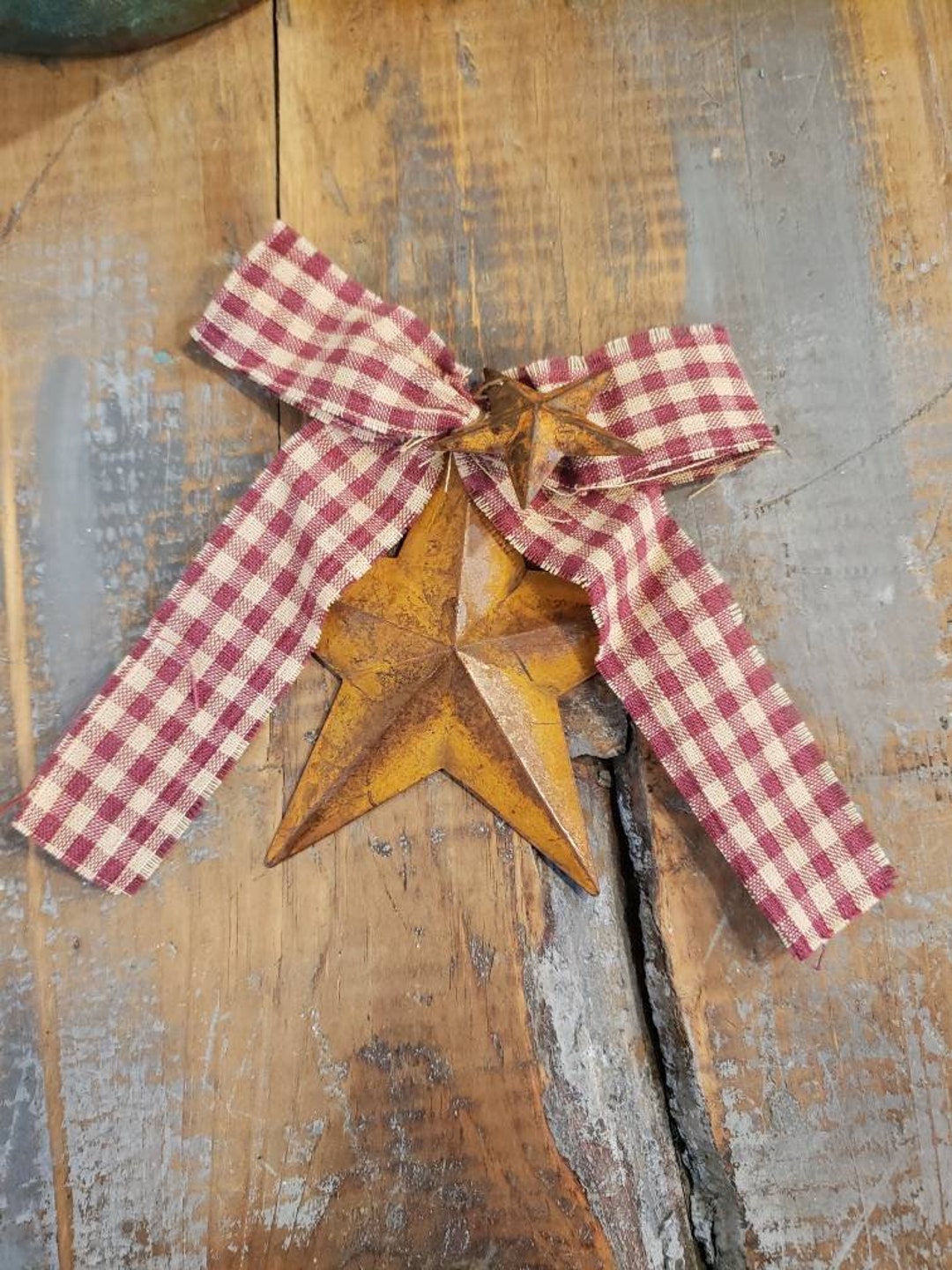 Rustic Star Ornaments Handmade Rusty Star Red White Checkered Ribbon ...