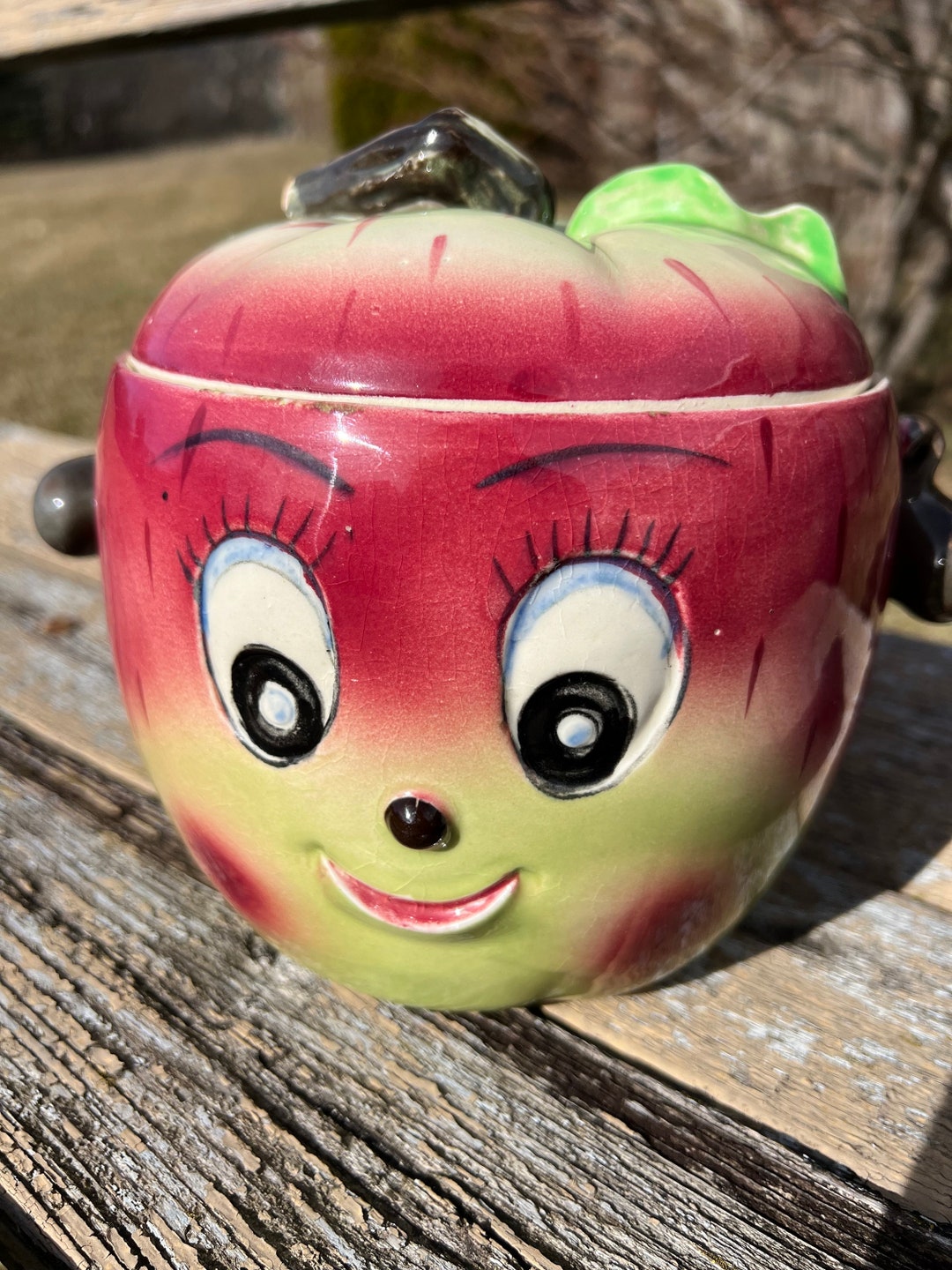 Vintage Anthropomorphic Strawberry Apple Faced Cookie Jar Smiley Face ...