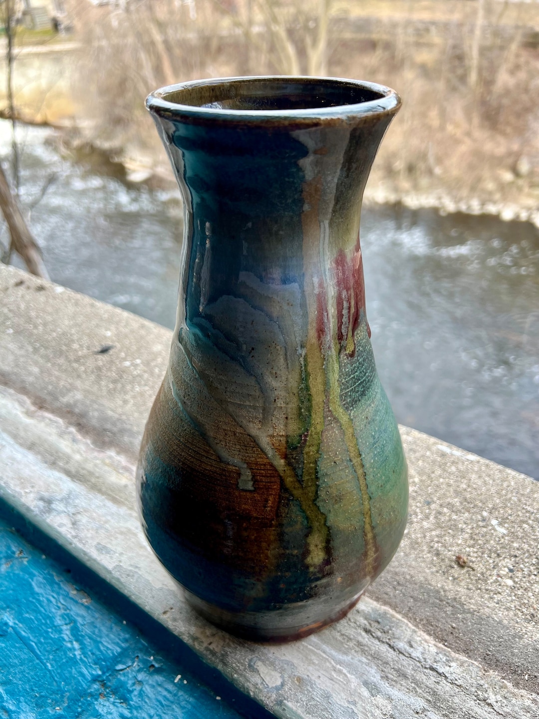 Vintage Hand Thrown Art Pottery Vase Large Heavy Drip Mixed Glaze ...