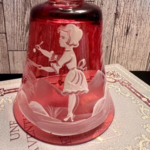 Mary Gregory Style Hand Painted Cranberry Glass Bells Pair Vintage Bell ...