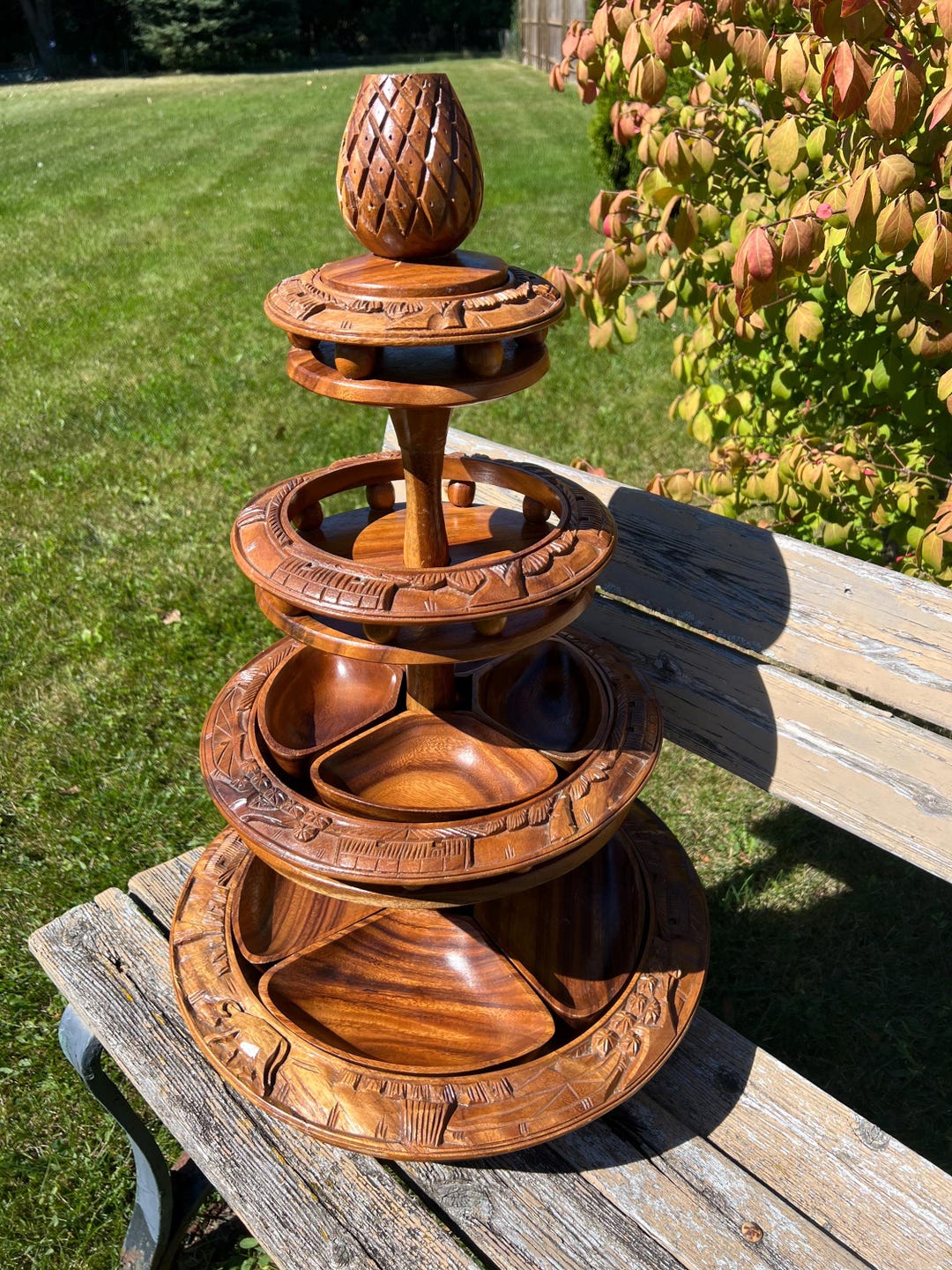 Tiki 4 Tier Hand Carved Monkey Pod Pineapple Lazy Susan Serving Trays ...