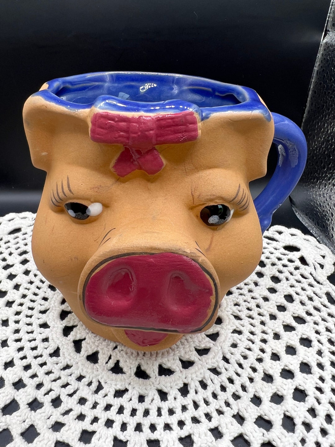 Vintage Pottery Happy Pig Coffee Mug Cup Retro Drinkware Whimsical Farm ...