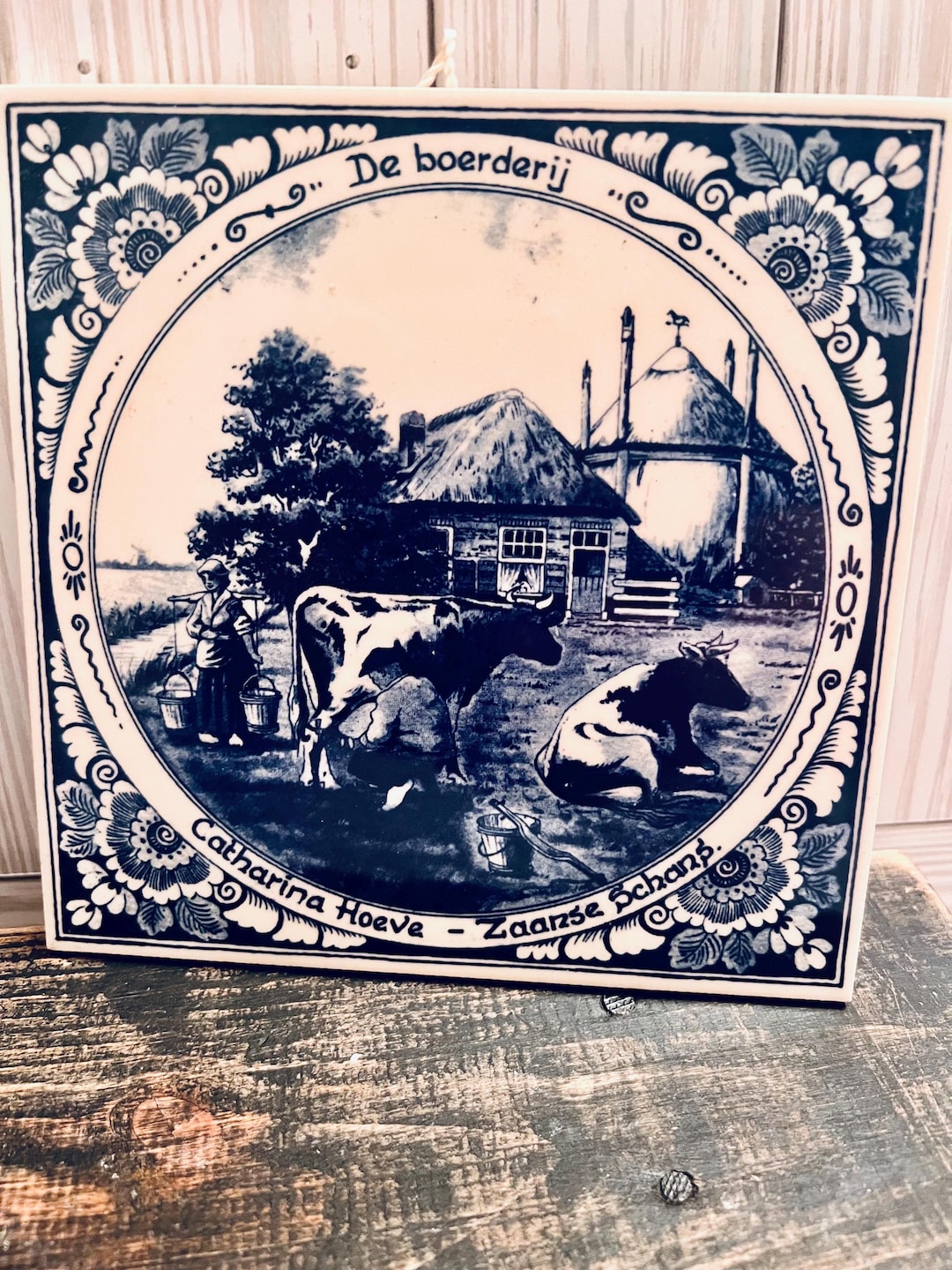 Vintage Delft Art Tiles Holland Woman Carrying Water With Cows Flowers ...