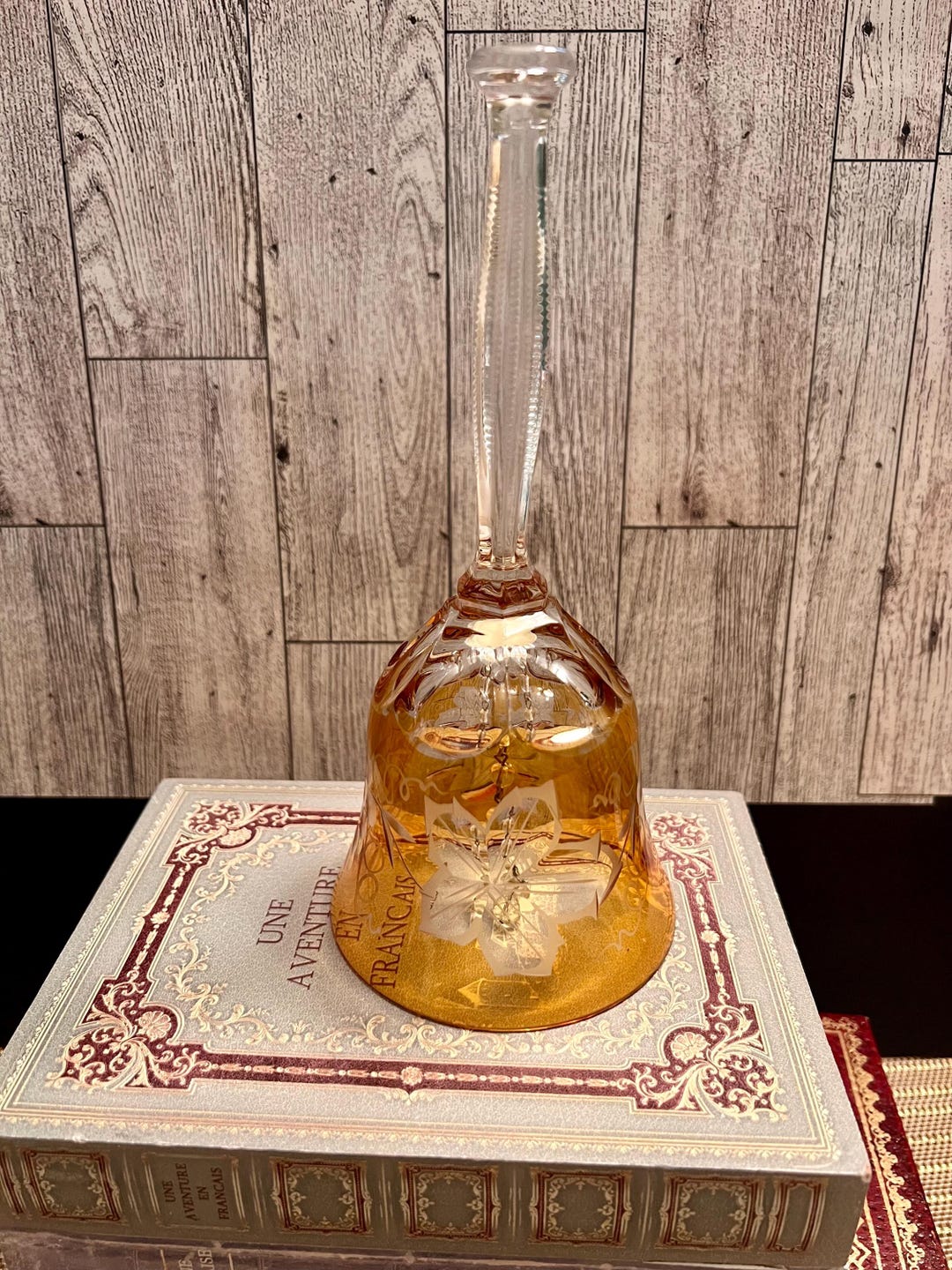 Vintage Amber Lead Crystal Bell by House of Goebel Etched Leaves and ...